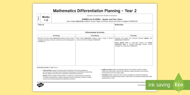 Year 2 Subtraction Mathematics Differentiated Plan