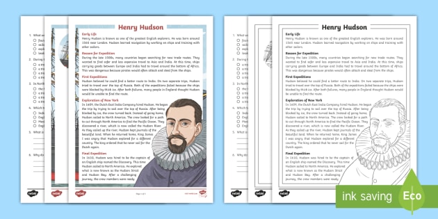 Fourth Grade Henry Hudson Reading Comprehension Activity