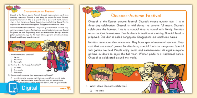 Second Grade Chuseok-Autumn Festival Reading Passage Comprehension Activity