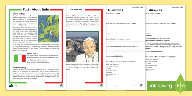 All About Italy Reading Comprehension | Twinkl
