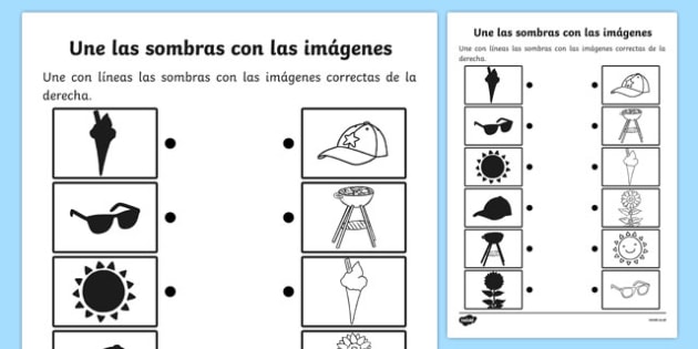 Une las sombras con las imágenes Summer Shadow Matching Worksheet