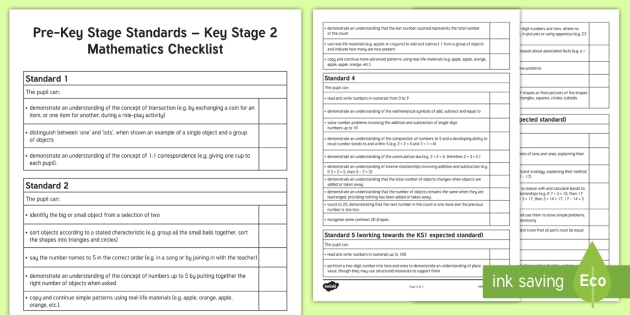 Pre-Key Stage Standards KS2 Maths Assessment Checklist