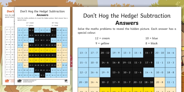 Don't Hog the Hedge! Subtraction Maths Mosaic Worksheet / Worksheet
