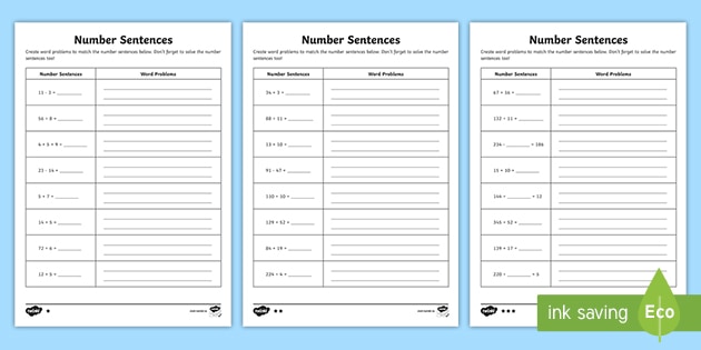 Writing Number Sentences Worksheets Year 2 | Missing Numbers