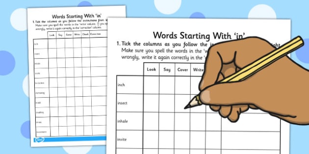 Look, Say, Cover, Write, Check Spelling Activity: Words Starting With 'in'