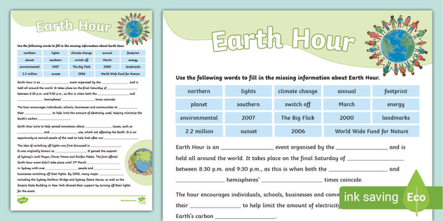 Earth Hour Cloze Passage (teacher made)