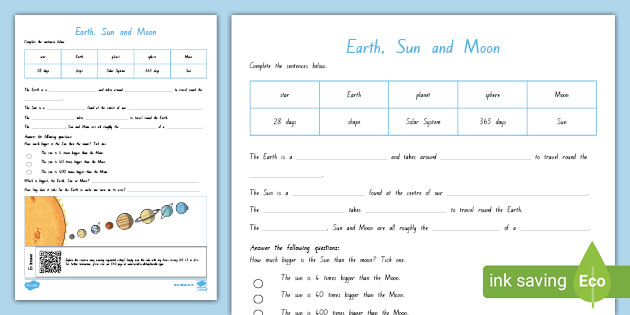 Earth, Sun and Moon QR Worksheet (teacher made)