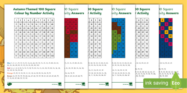 Autumn-Themed 100 Square Colour by Number Activity