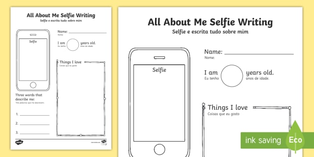 All About Me Selfie Writing Worksheet English/Portuguese