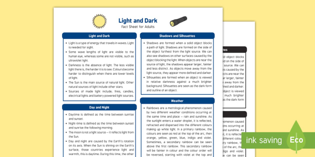 Light and Dark Fact Sheet for Adults (teacher made)