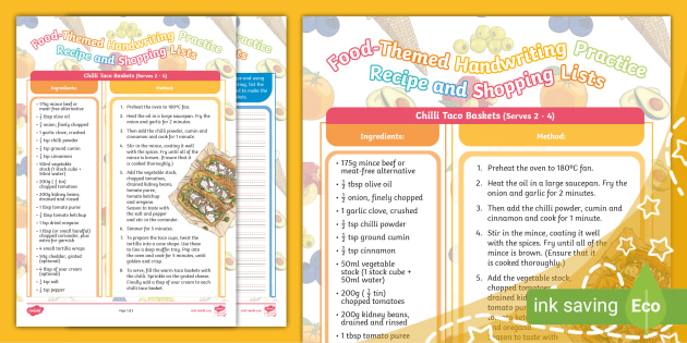 Food-Themed Handwriting Practice - Recipe Card and Shopping List
