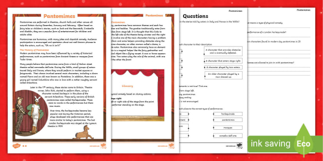 LKS2 Pantomime Differentiated Reading Comprehension Activity