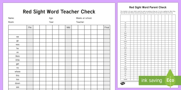 Red Reading Sight Words Checklist
