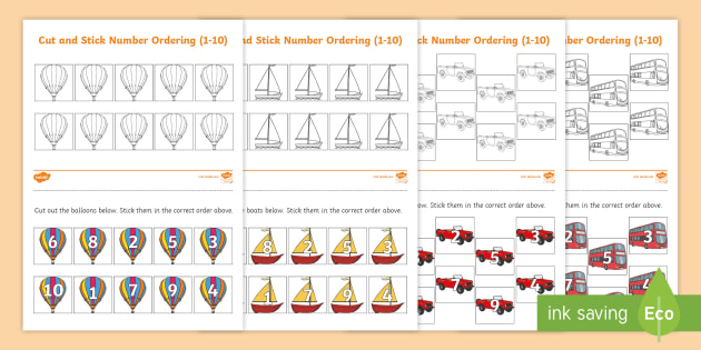Transport Themed Cut and Stick Number Ordering Activity - numbers