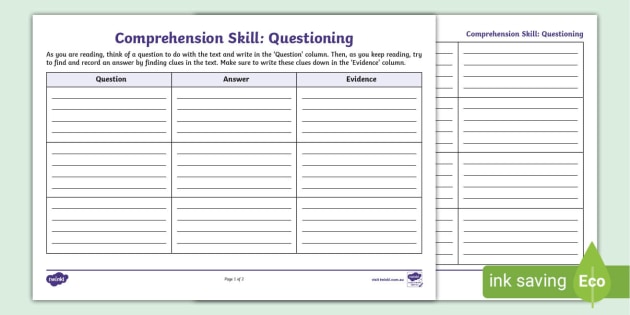 Questioning Comprehension Skill Recording Worksheet