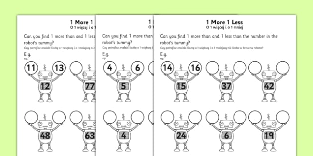 1 More 1 Less Robots Worksheet / Worksheet English/Polish