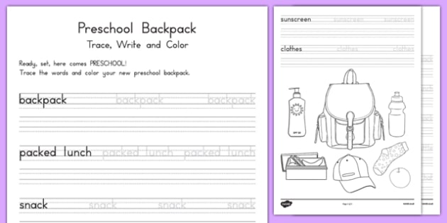 Preschool Backpack Trace and Color Worksheet / Activity Sheet, worksheet