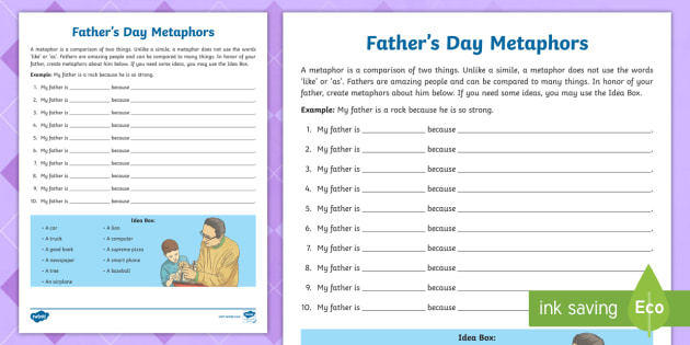 * NEW * Father's Day Metaphors Worksheet - Figurative Language, Honor