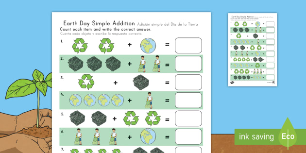 Earth Day Simple Addition Worksheet / Worksheet English/Spanish