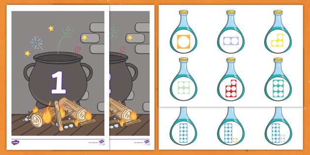 Halloween Cauldron Number Shape Matching Activity - KS1 EYFS Maths
