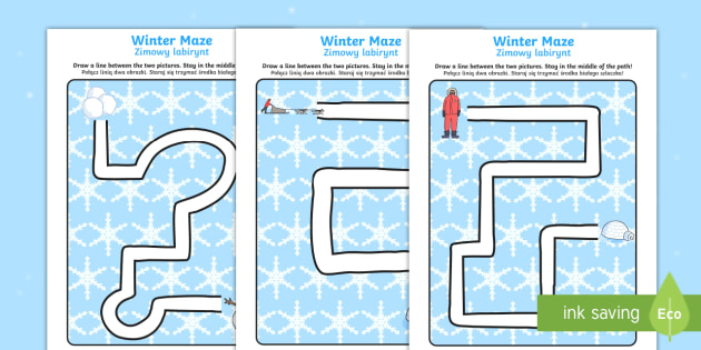 Winter Pencil Control Path Worksheet / Worksheets English/Polish - Winter