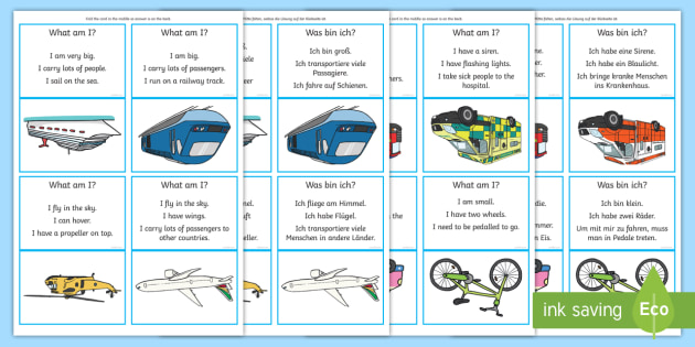 What Am I? Transport Guessing Game Cards English/German