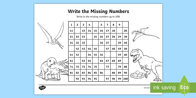 Dinosaur Themed Missing Numbers Number Square 1-100