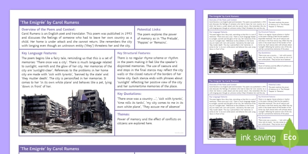 GCSE The Emigrée Short Knowledge Organiser (teacher made)
