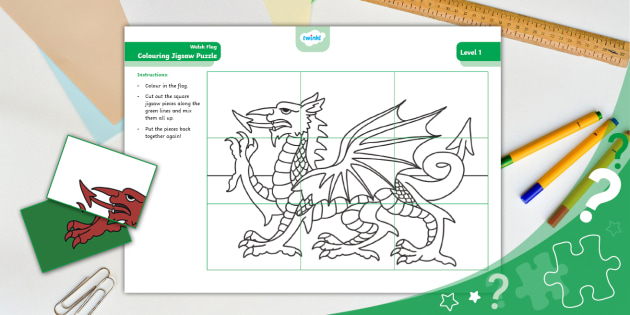 Welsh Flag Colouring Jigsaw Puzzle – L1 - Twinkl
