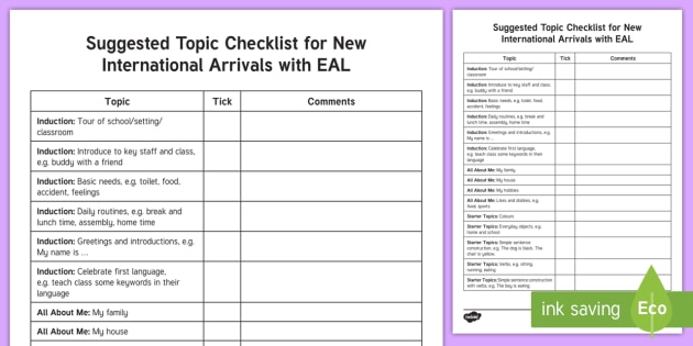 Suggested Topics for New International Arrivals with EAL Checklist