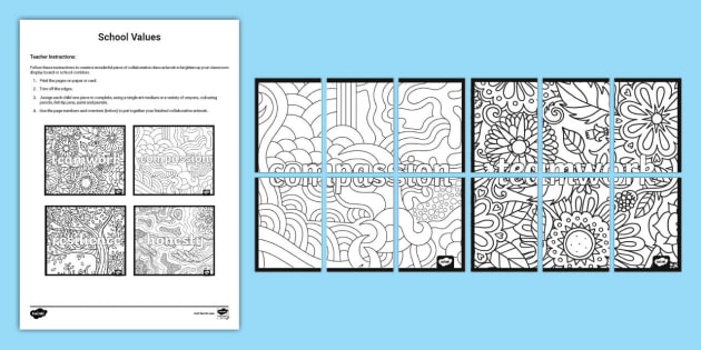 School Values Mindfulness Collaborative Colouring