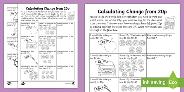 Calculating Change from 20p Worksheet