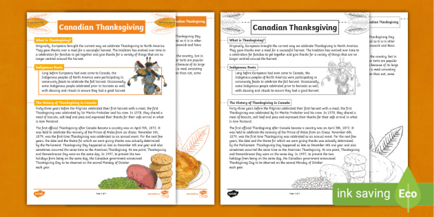 Canadian Thanksgiving Reading Comprehension Activity