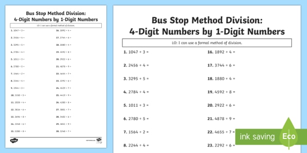 Bus Stop Method Formal Division Of 4 Digit Numbers Worksheet Worksheet
