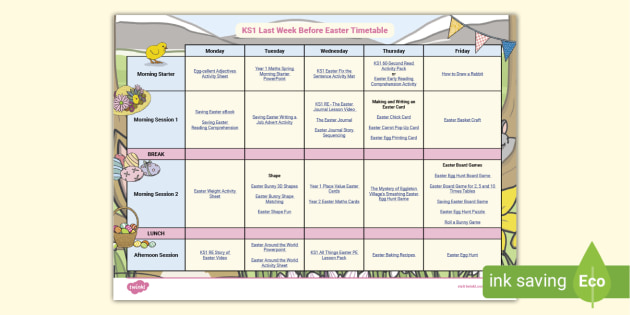 FREE! - KS1 Last Week of Term Easter Activity Timetable