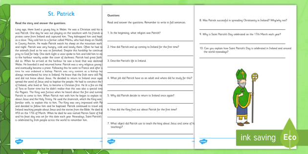 Saint Patrick Comprehension Activity Third and Fourth Class