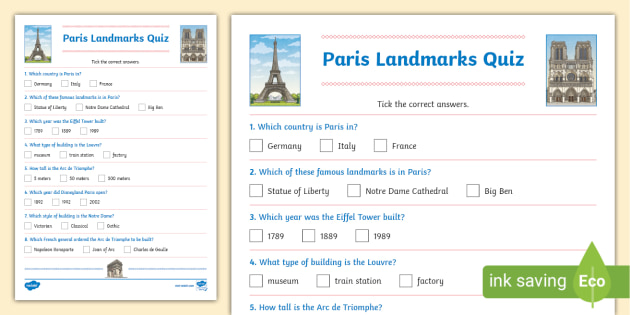 Paris Landmarks Quiz,Paris landmarks (teacher made)