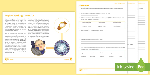 Stephen Hawking Differentiated Reading Comprehension Activity