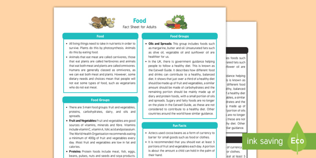Food Fact Sheet for Adults (teacher made)