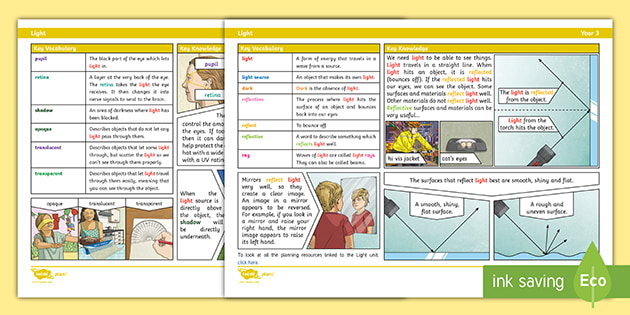 Science Knowledge Organiser: Light Year 3 (teacher made)