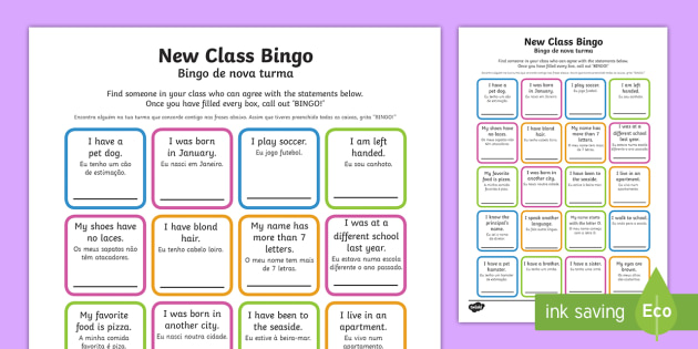New Class Bingo English/Portuguese - New Class Bingo