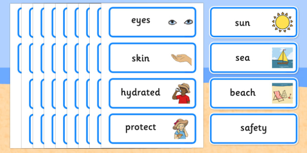 Sun, Sea and Beach Safety Vocabulary Cards - ESL Beach Vocabulary