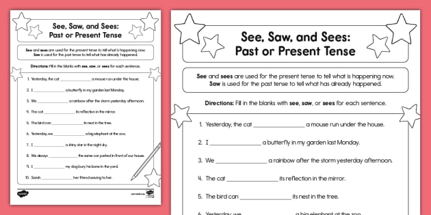 See Saw and Sees Past or Present Tense Worksheet Twinkl