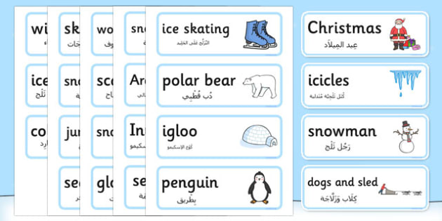Winter Topic Word Cards Arabic Translation (teacher made)