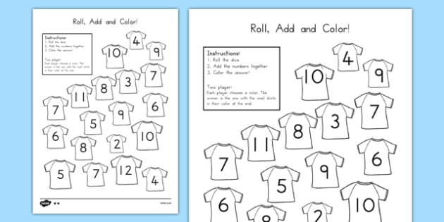 Football Roll and Color Worksheet / Activity Sheet - usa