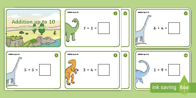 Dinosaur Themed Addition up to 10 Challenge Cards