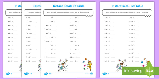 Instant Recall of the Five Times Table Facts Differentiated Worksheets