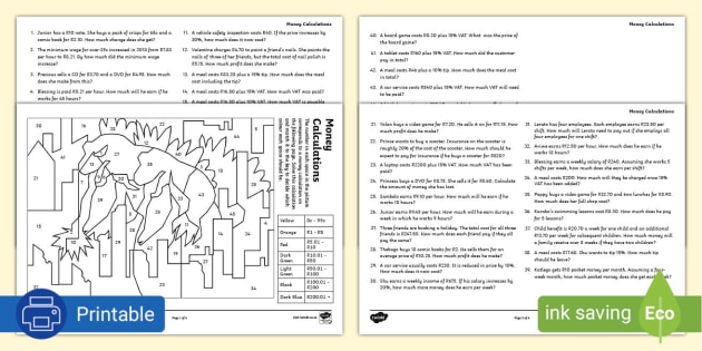 South African Money Calculations Colour By Number