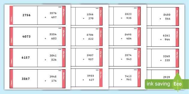 Addition of 4-Digit and 3-Digit Whole Numbers Loop Cards