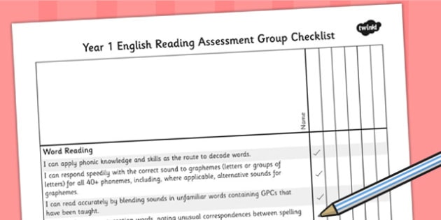 2014 National Curriculum Year 1 English Reading Assessment Group Checklist